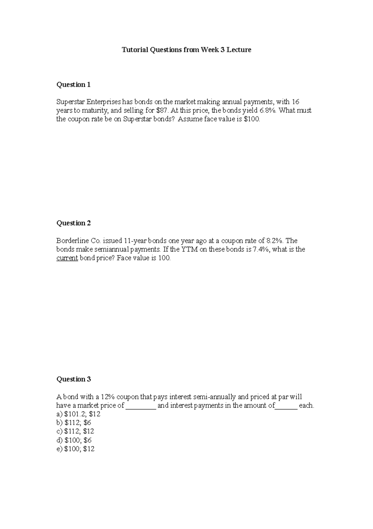 Workshop 04Q - Valuation - Tutorial Questions from Week 3 Lecture Question 1 Superstar ...