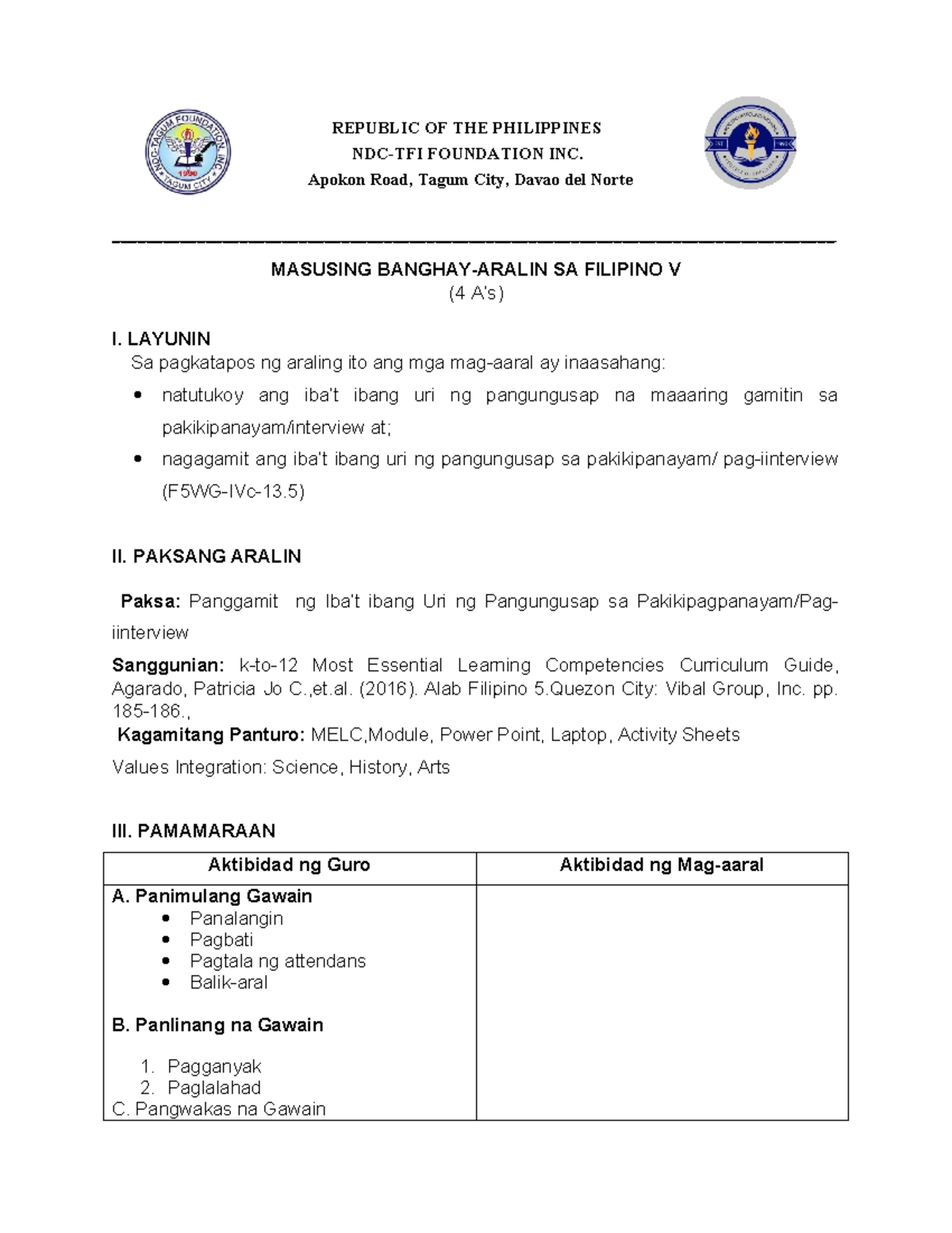 4 As - ABOUT LESSON PLAN - REPUBLIC OF THE PHILIPPINES NDC-TFI ...