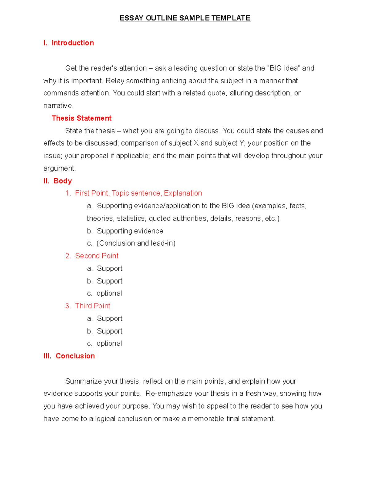 Outline Template - ESSAY OUTLINE SAMPLE TEMPLATE I. Introduction Get ...