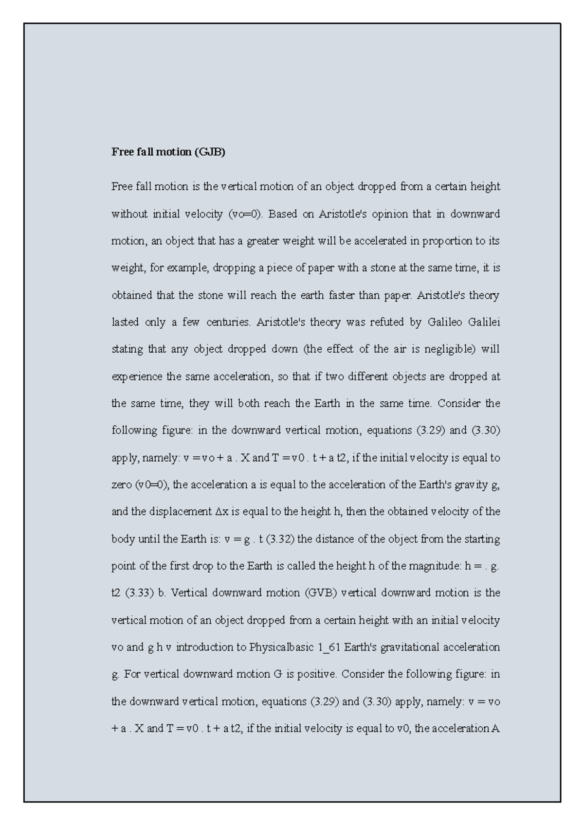 Materials Notes - Free fall motion (GJB) - Free fall motion (GJB) Free ...