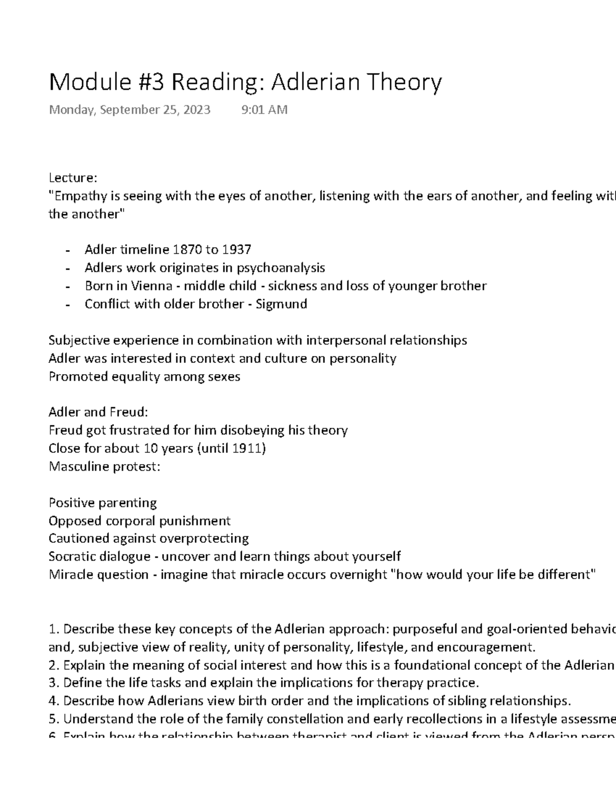 Module 3 Reading Adlerian Theory - Lecture: "Empathy is seeing with the ...