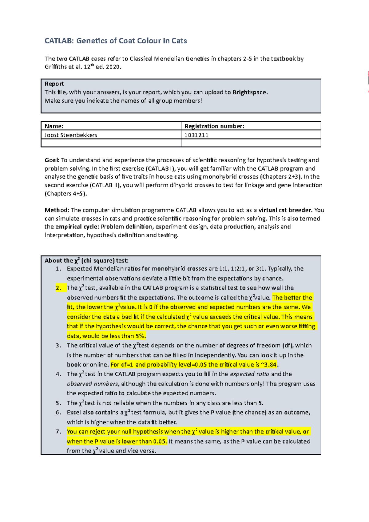 Catlab II 2020 2021 Derde practicum - CATLAB: Genetics of Coat Colour ...