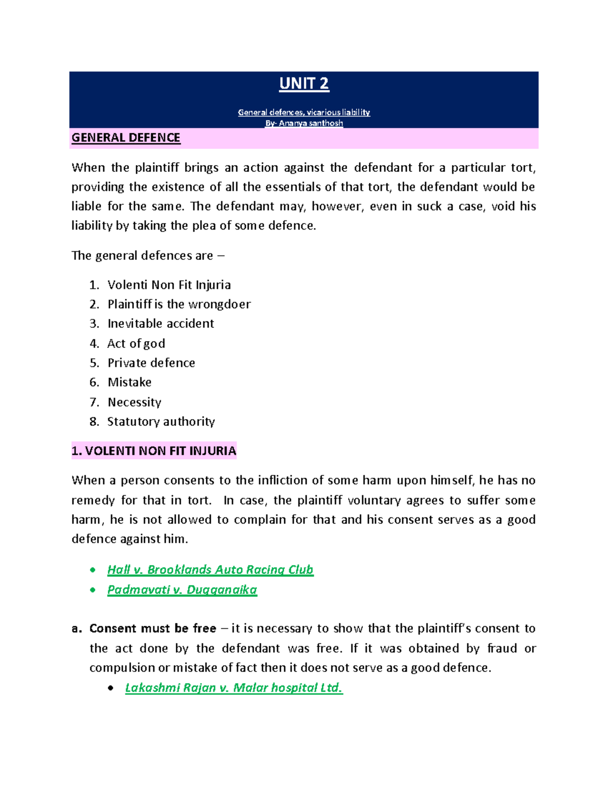 UNIT 2 Torts-3 - Summary - UNIT 2 General defences, vicarious liability By- Ananya santhosh ...