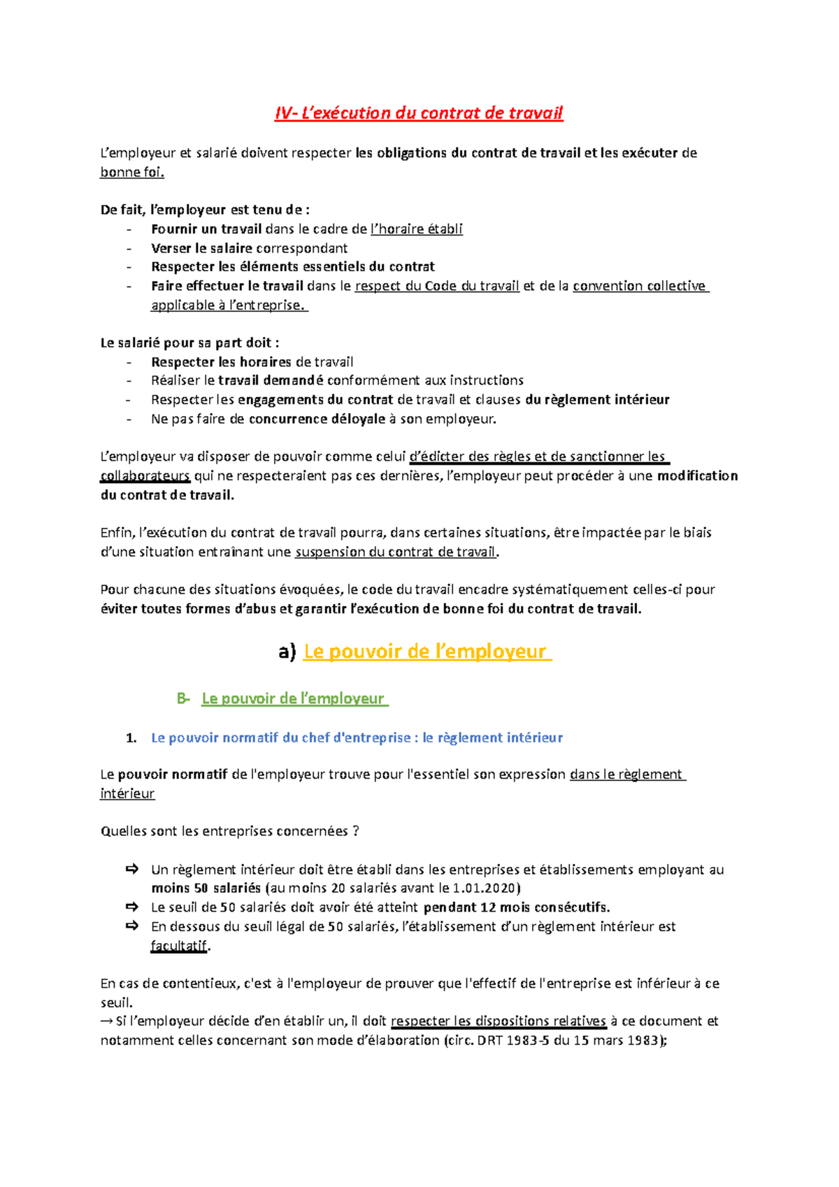 IV- l'éxecution du contrat de travail - IV- L’exécution du contrat de ...