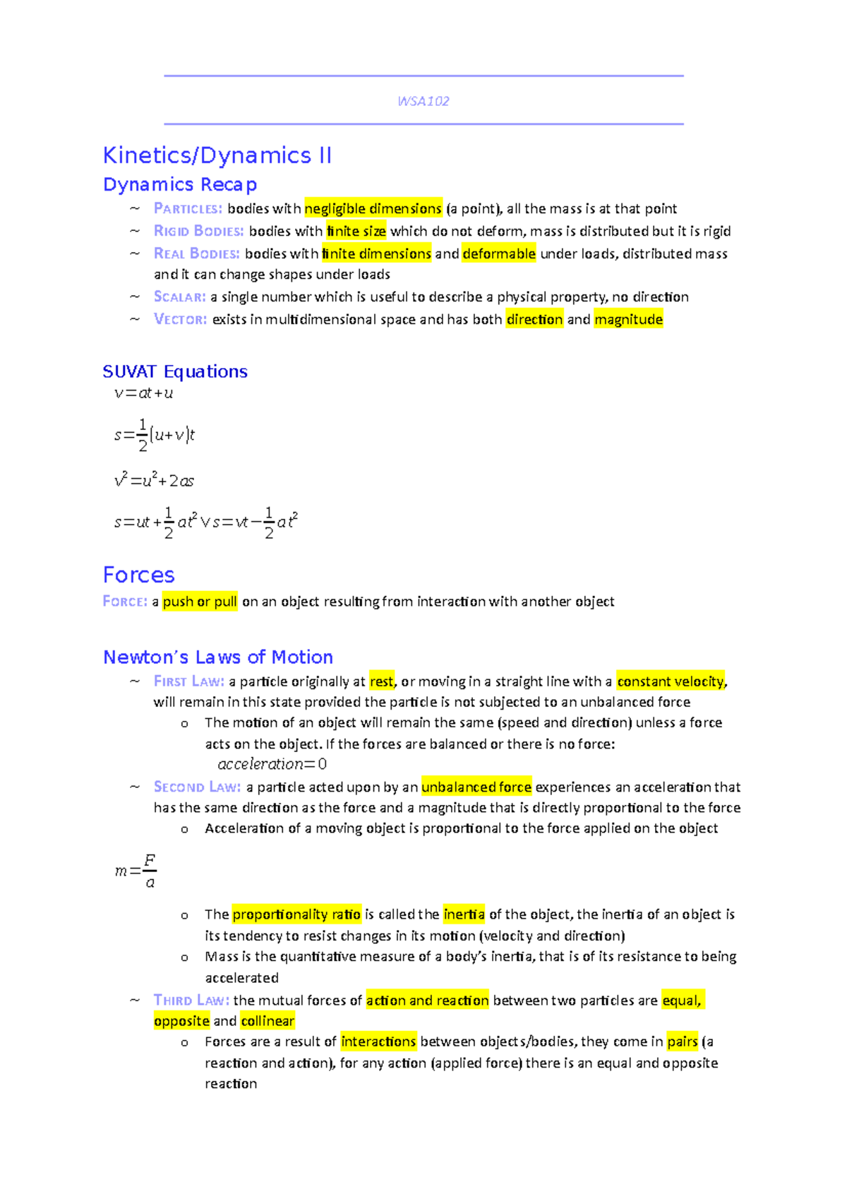 Kinetics / Dynamics Sem 2 - ####### Kinetics/Dynamics II Dynamics Recap ...