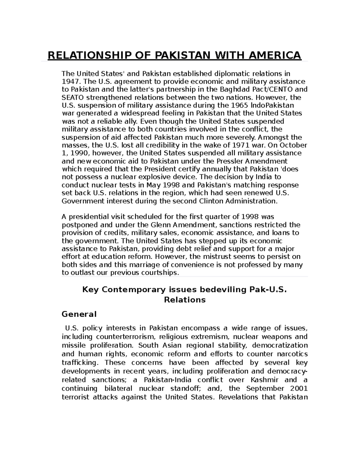 Relationship OF Pakistan WITH America - RELATIONSHIP OF PAKISTAN WITH ...