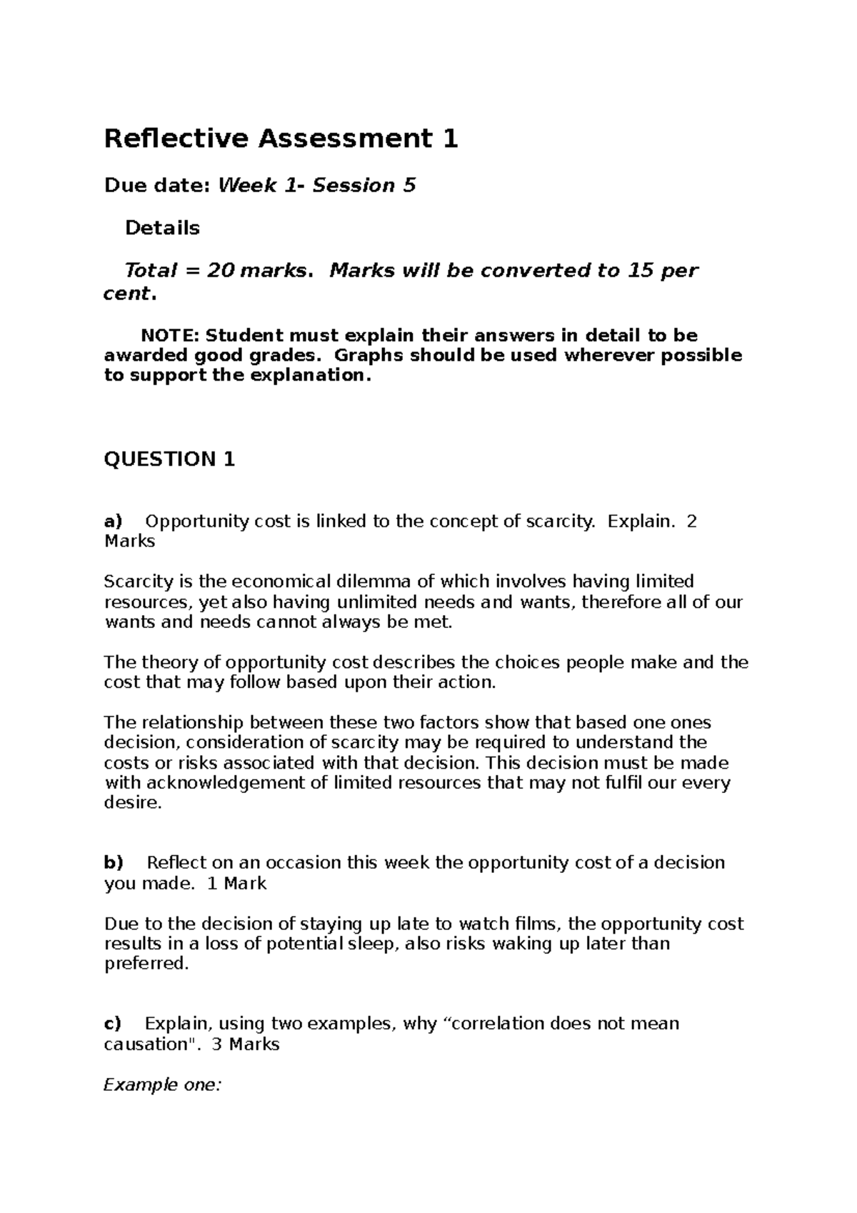 Reflective Assessment 1 - Marks will be converted to 15 per cent. NOTE ...