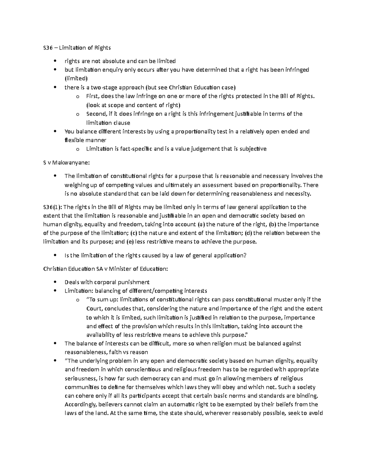 Notes - S36 – Limitation of Rights rights are not absolute and can be ...