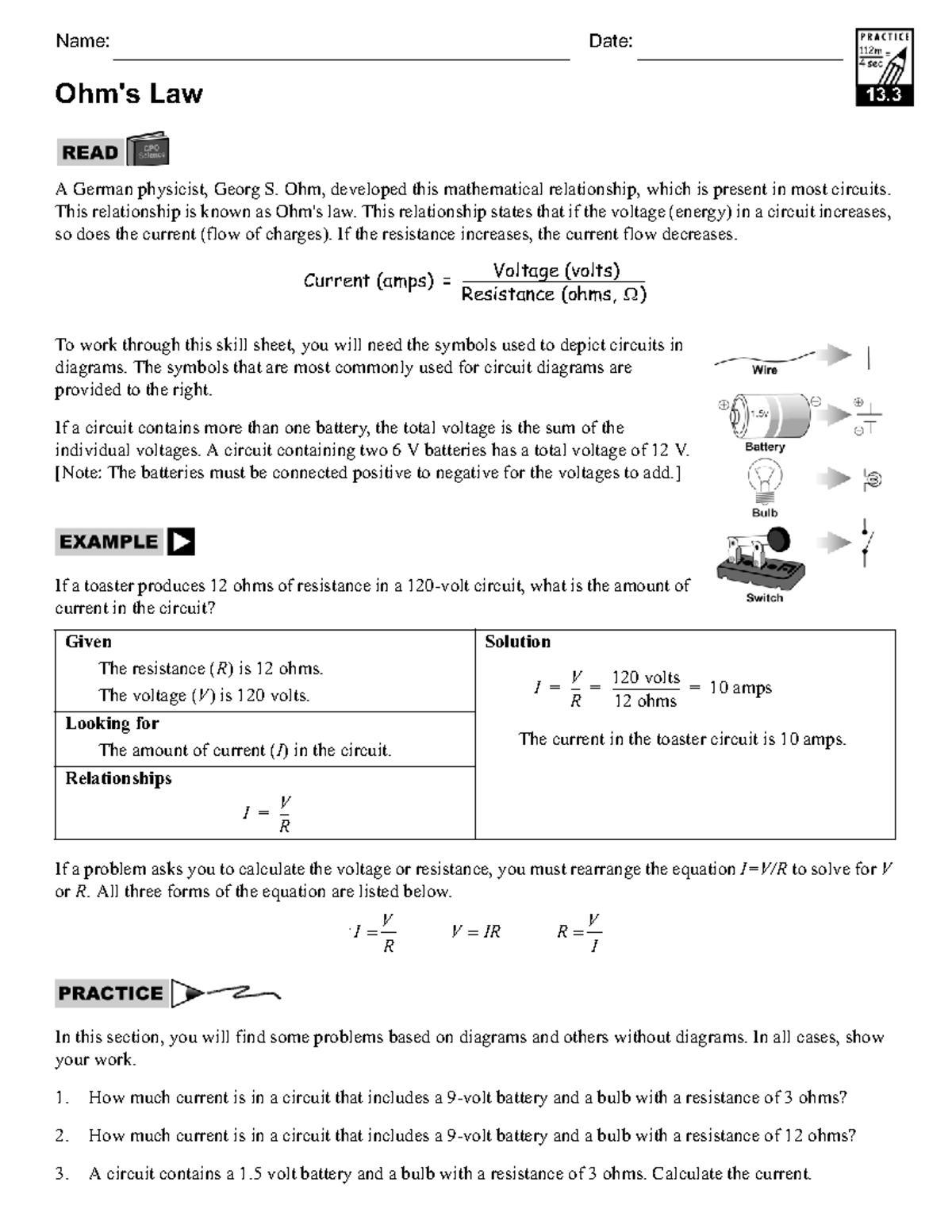Ohm s Law Practice - N/A - Name: Date: Ohm's Law 13. A German physicist ...