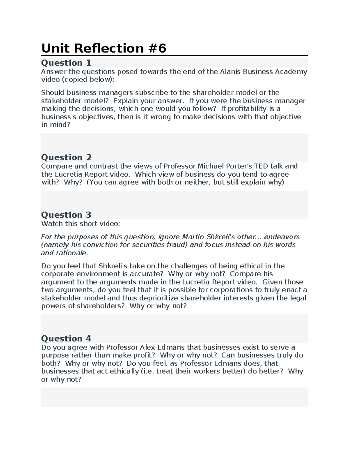 Unit Reflection #6 1 - Unit Reflection Question 1 Answer the questions posed towards the end of ...