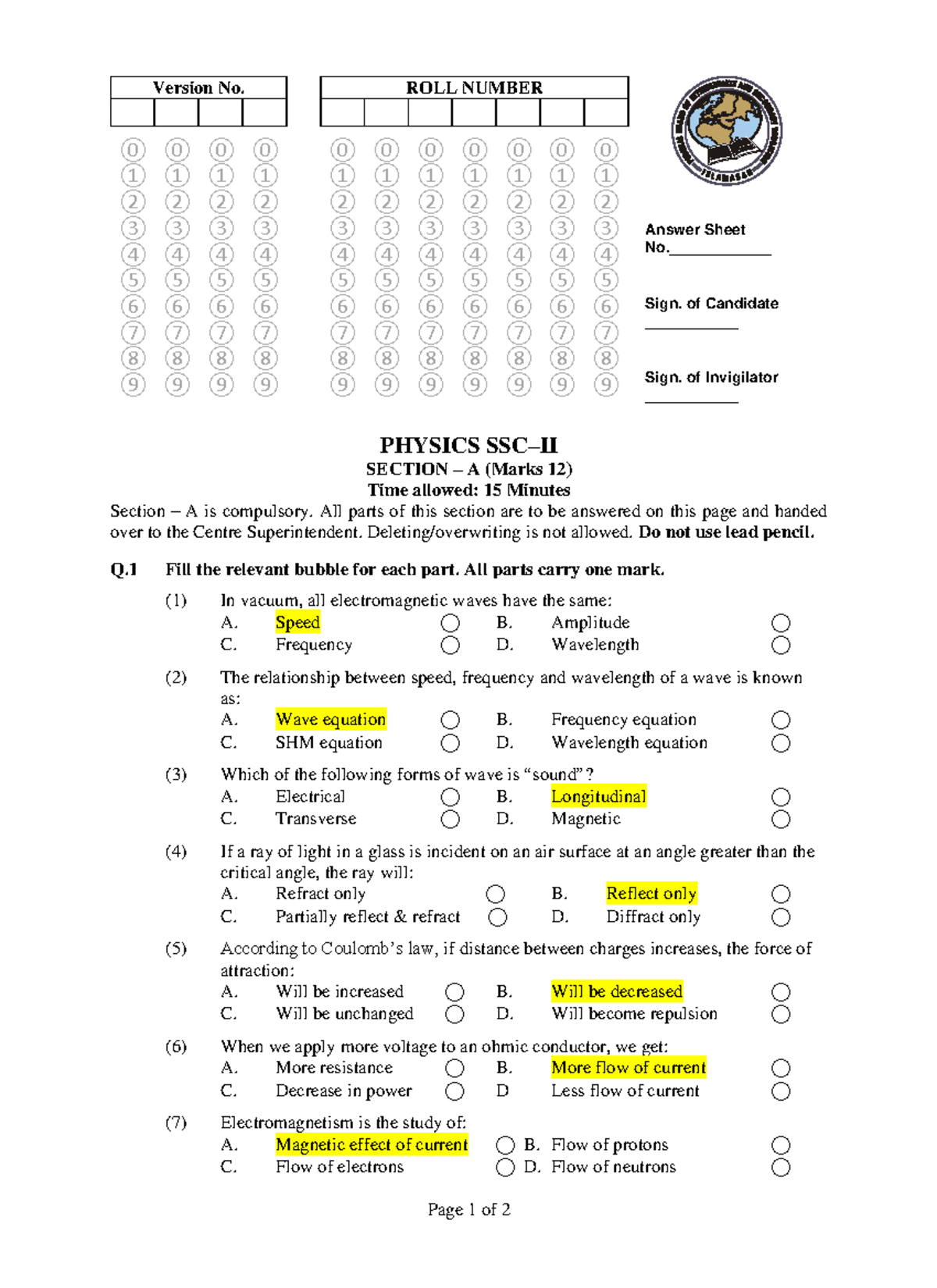 Physics SSC-II solution - Version No. ⓪ ⓪ ⓪ ⓪ ① ① ① ① ② ② ② ② ③ ③ ③ ③ ④ ...