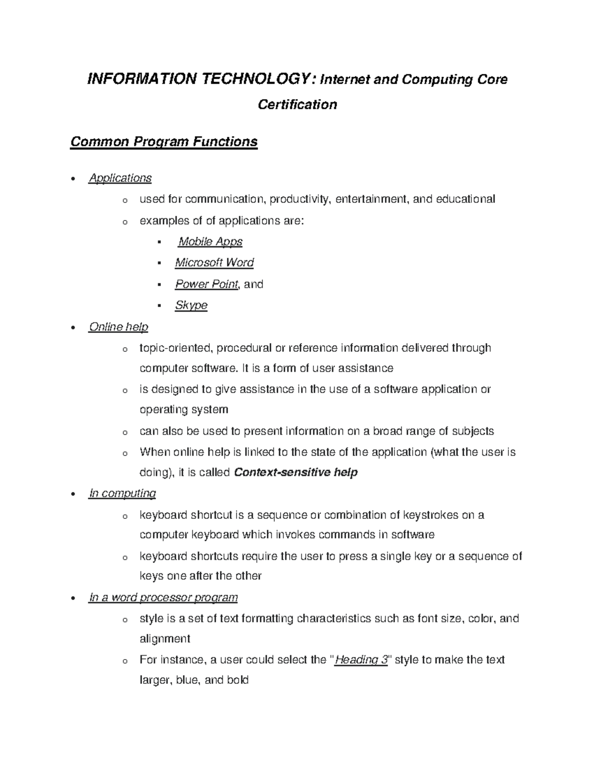 Internet and Computing Core Certification: Common Program Functions - INFORMATION TECHNOLOGY ...