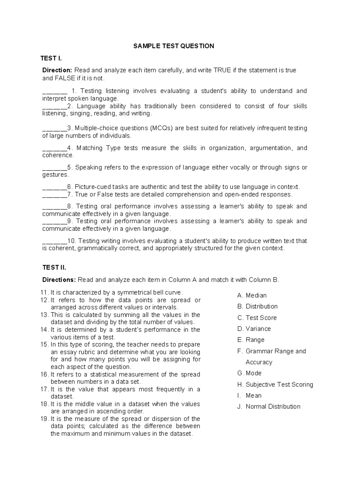 TOS TQ - Sjdjsj - SAMPLE TEST QUESTION TEST I. Direction: Read and ...
