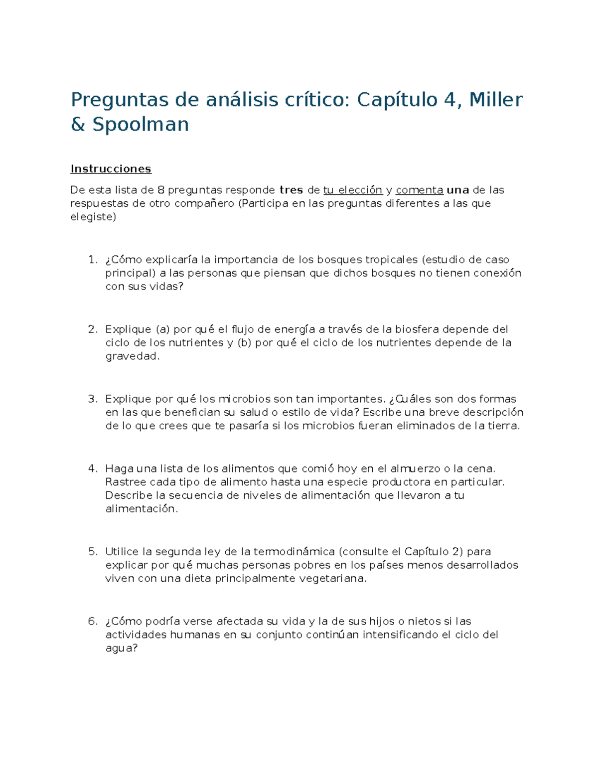 Preguntas de análisis crítico Cap. 4 Miller & Spoolman - Preguntas de ...