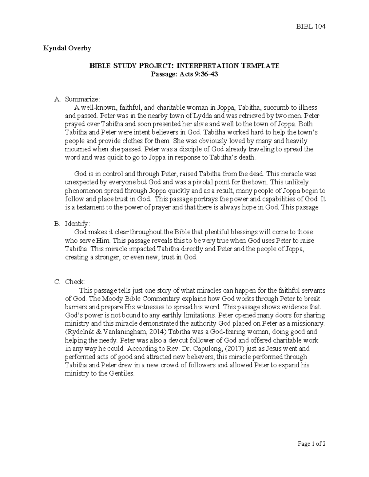 Bible Study Project Interpretation assignment - BIBL 104 Kyndal Overby ...