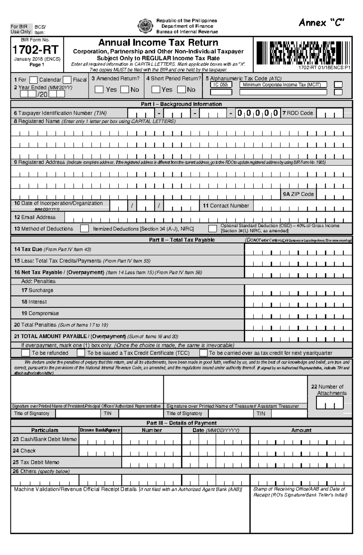 BIR FORM 1702-RT - to fill out exercise - BIR Form No. 1702 -RT January 2018 (ENCS) Page 1 ...