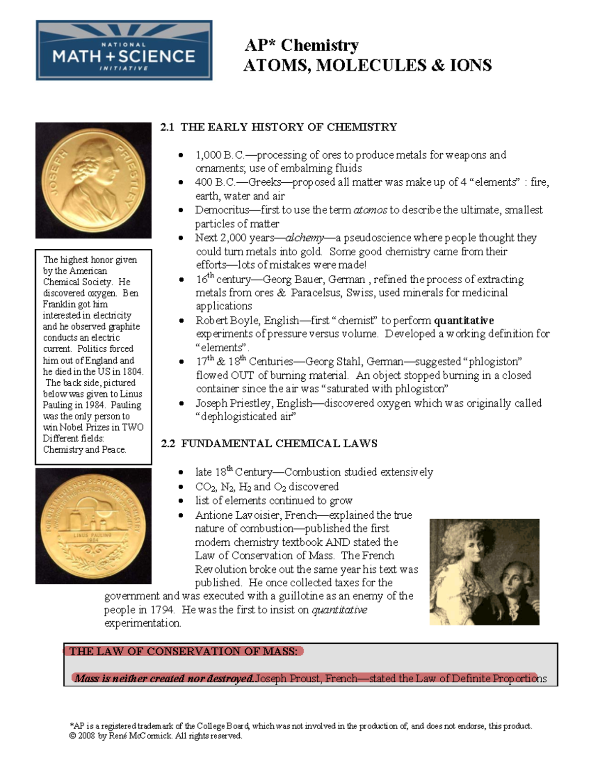02 Atoms Molecules Ions 2 - AP* Chemistry ATOMS, MOLECULES & IONS *AP ...