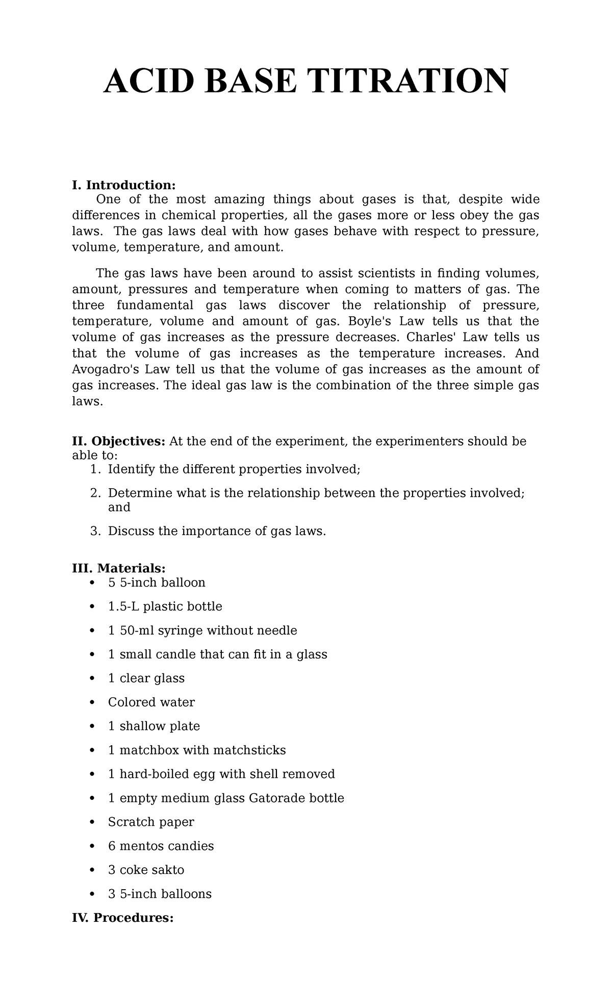 Acid base titration - ACID BASE TITRATION I. Introduction: One of the ...