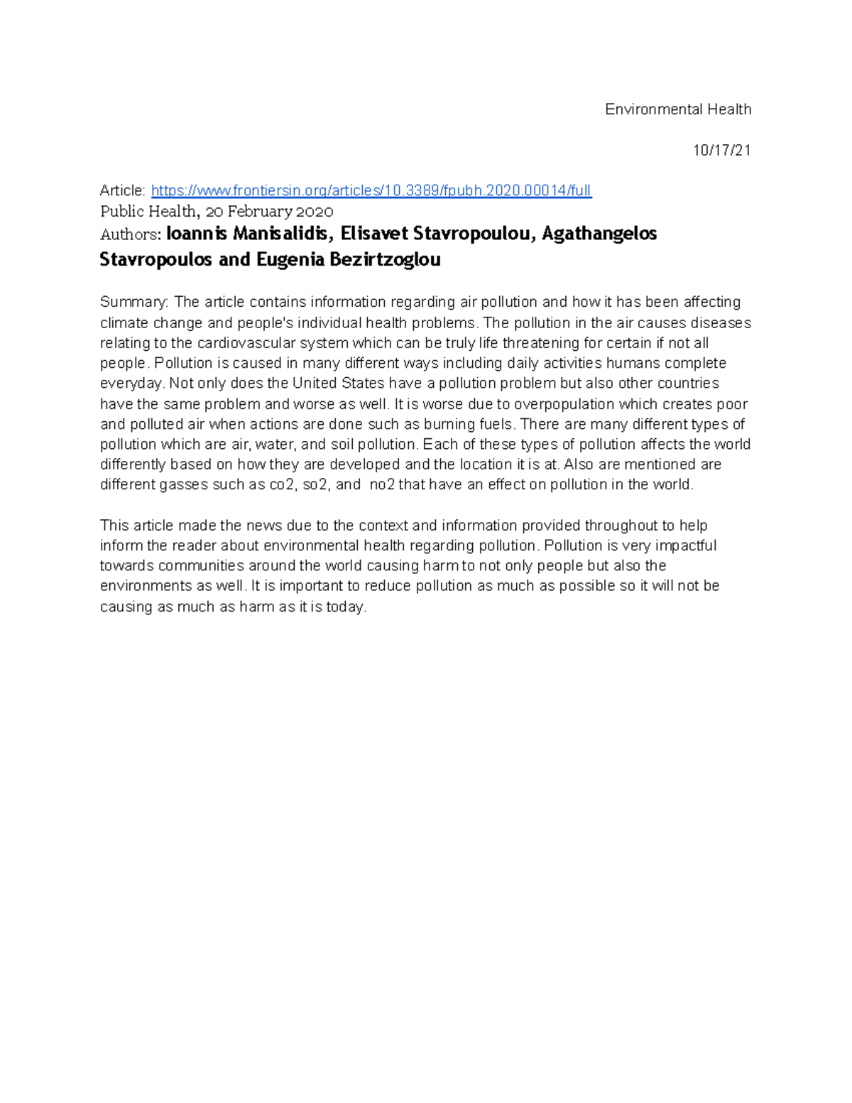 Env 11 - Assignment - Environmental Health 10/17/ - Studocu
