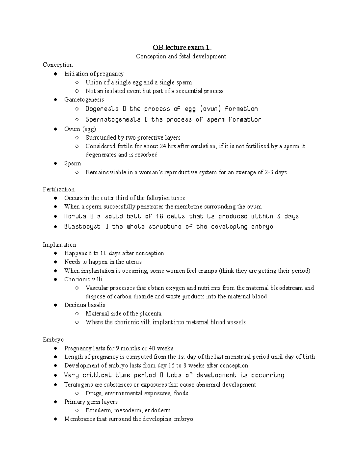 OB lecture exam 1- conception and fetal development - OB lecture exam 1 ...