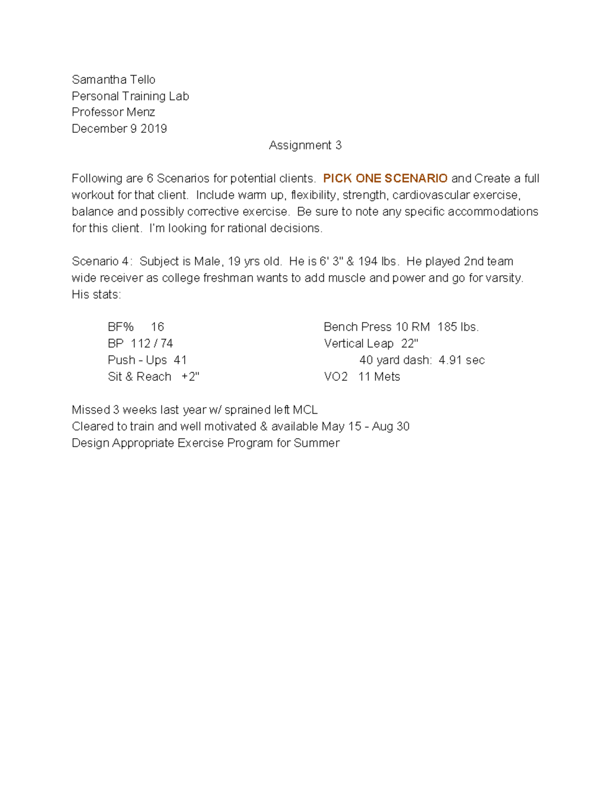 Assignment 3 Workout Scenarios - Samantha Tello Personal Training Lab ...