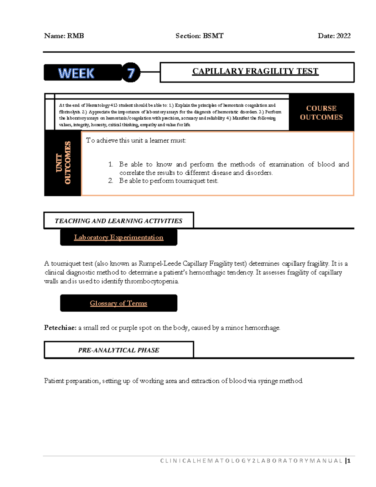 WEEK 7 HEMA2 LAB Capillary Fragility TEST - C L I N I C A L H E M A T O ...