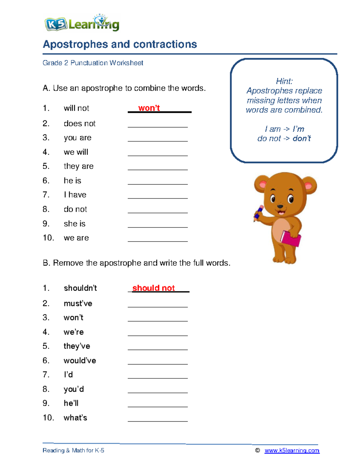 Grade 2 apostrophes contractions a - Apostrophes and contractions Grade ...