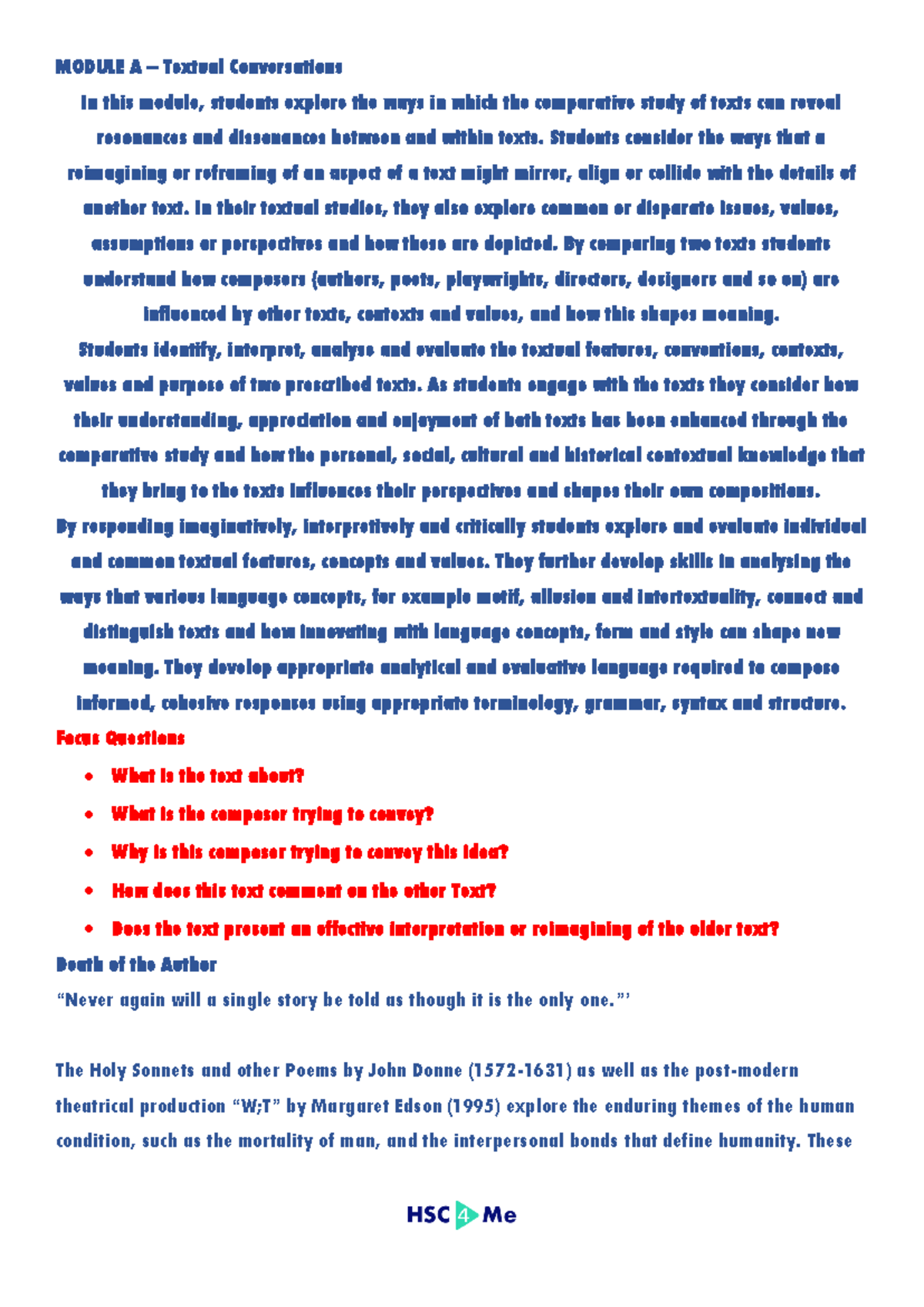 Donne Wt notes - MODULE A – Textual Conversations In this module ...