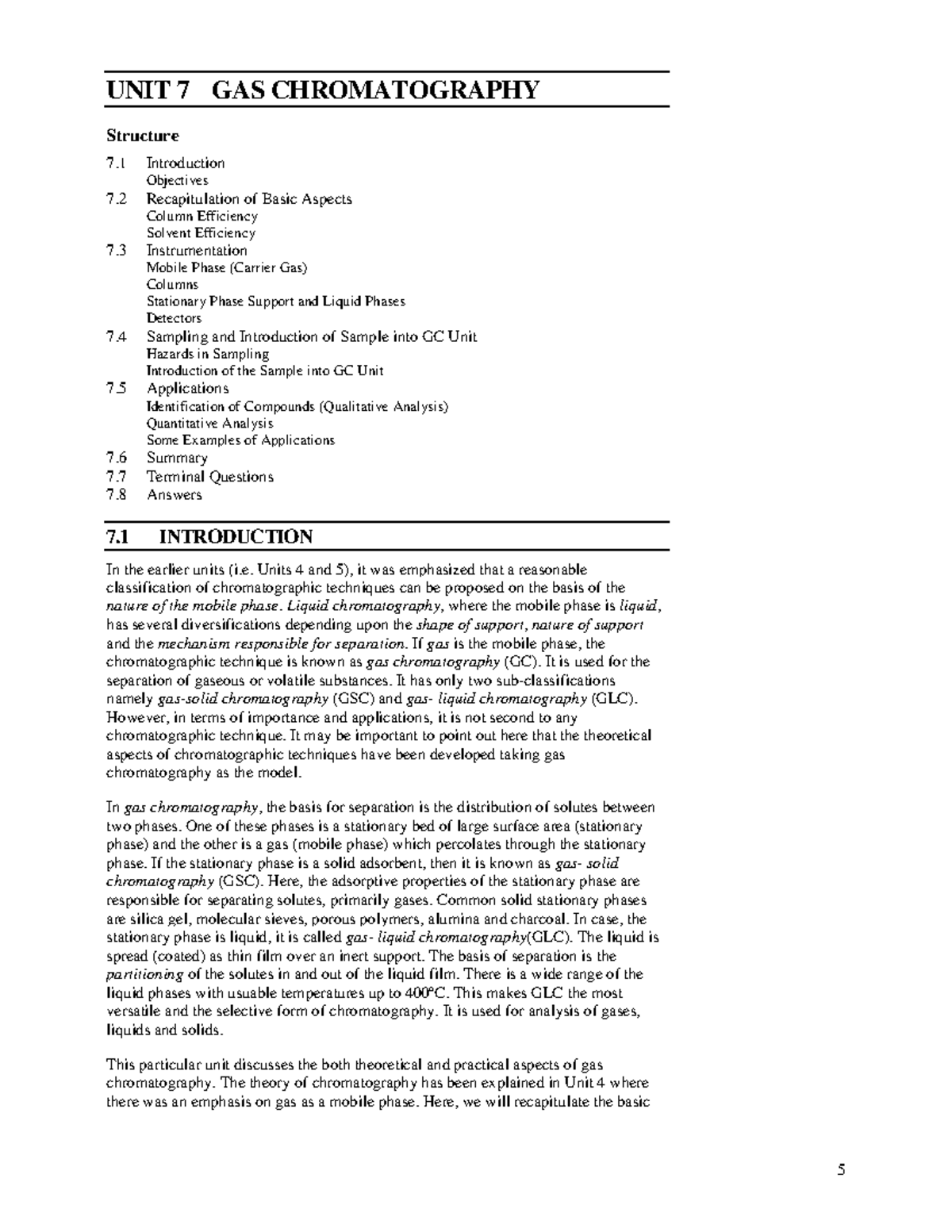 Unit 7 Gas Chromatography - Gas Chromatography UNIT 7 GAS ...
