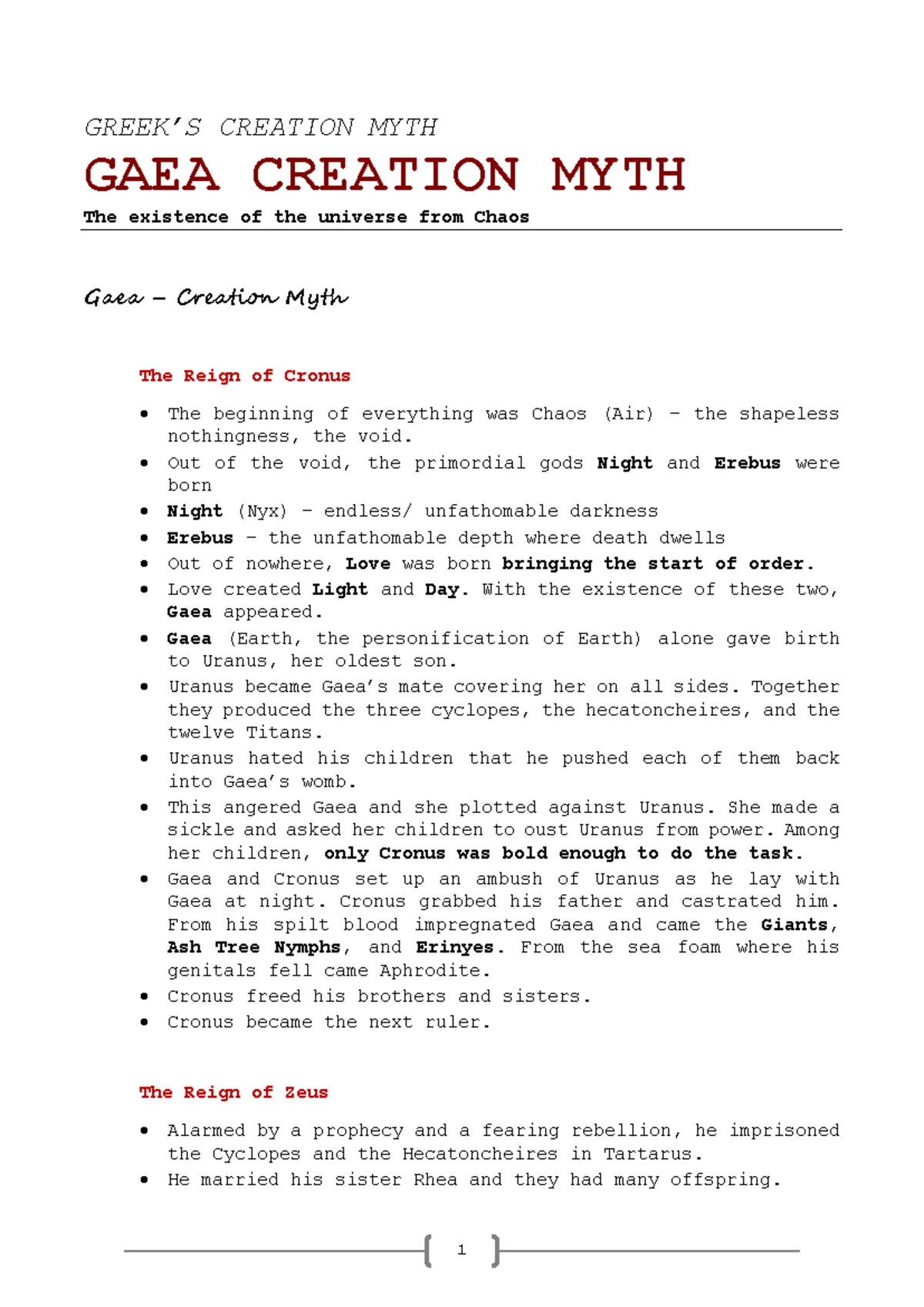 Creation Myth MC LIT 2 - GREEK’S CREATION MYTH GAEA CREATION MYTH The ...