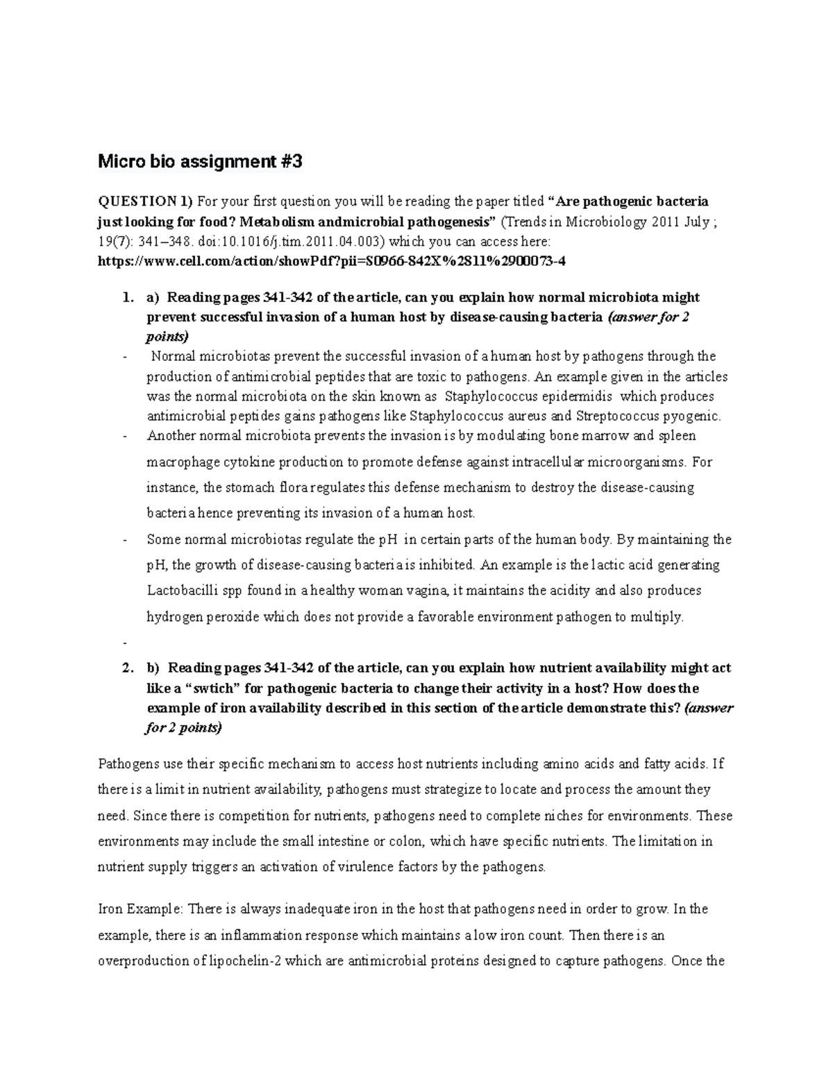 Micro bio assignment #3 - Micro bio assignment QUESTION 1) For your ...