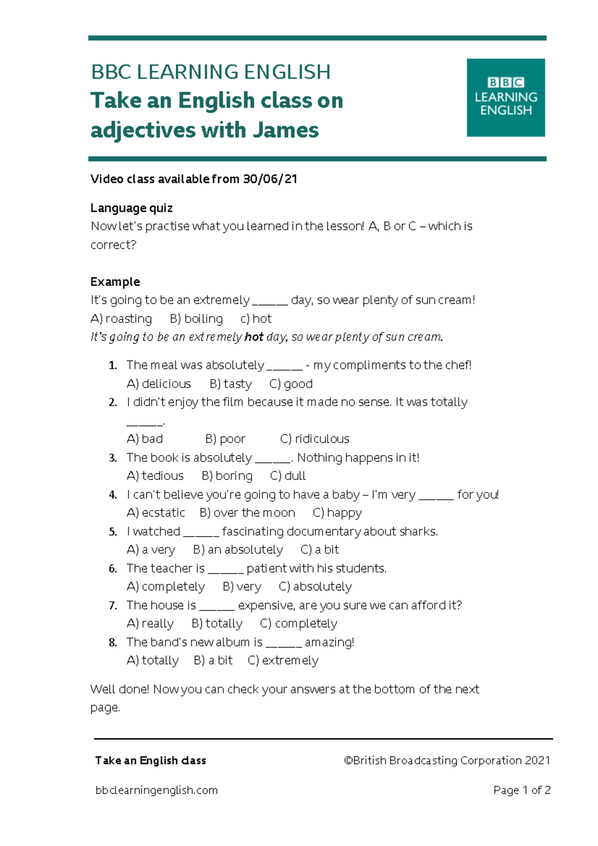 Gradable and ungradable adjectives Exercises - BBC LEARNING ENGLISH ...