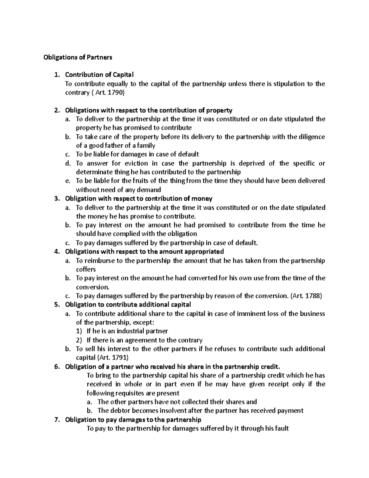 Obligations of Partners - Contribution of Capital To contribute equally ...