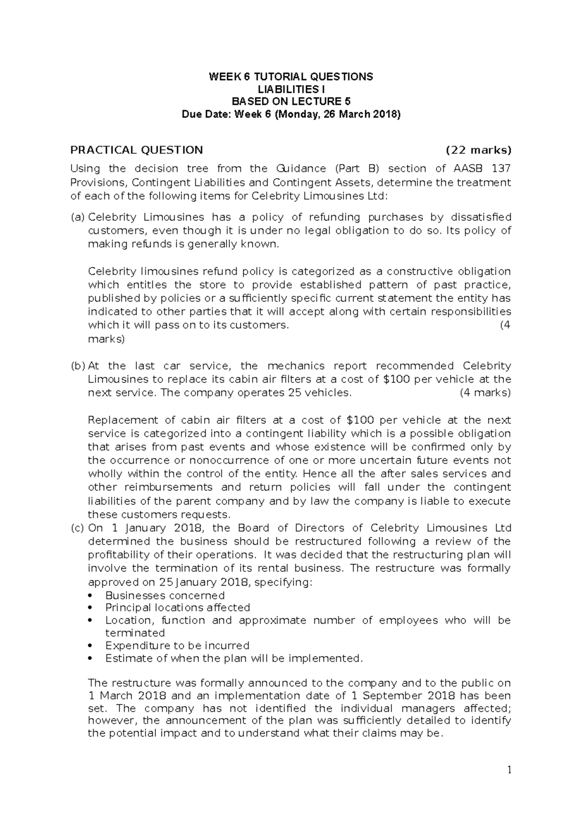 AYB200 SEM 1 2018 WEEK 6 Tutorial Questions - WEEK 6 TUTORIAL QUESTIONS LIABILITIES I BASED ON ...