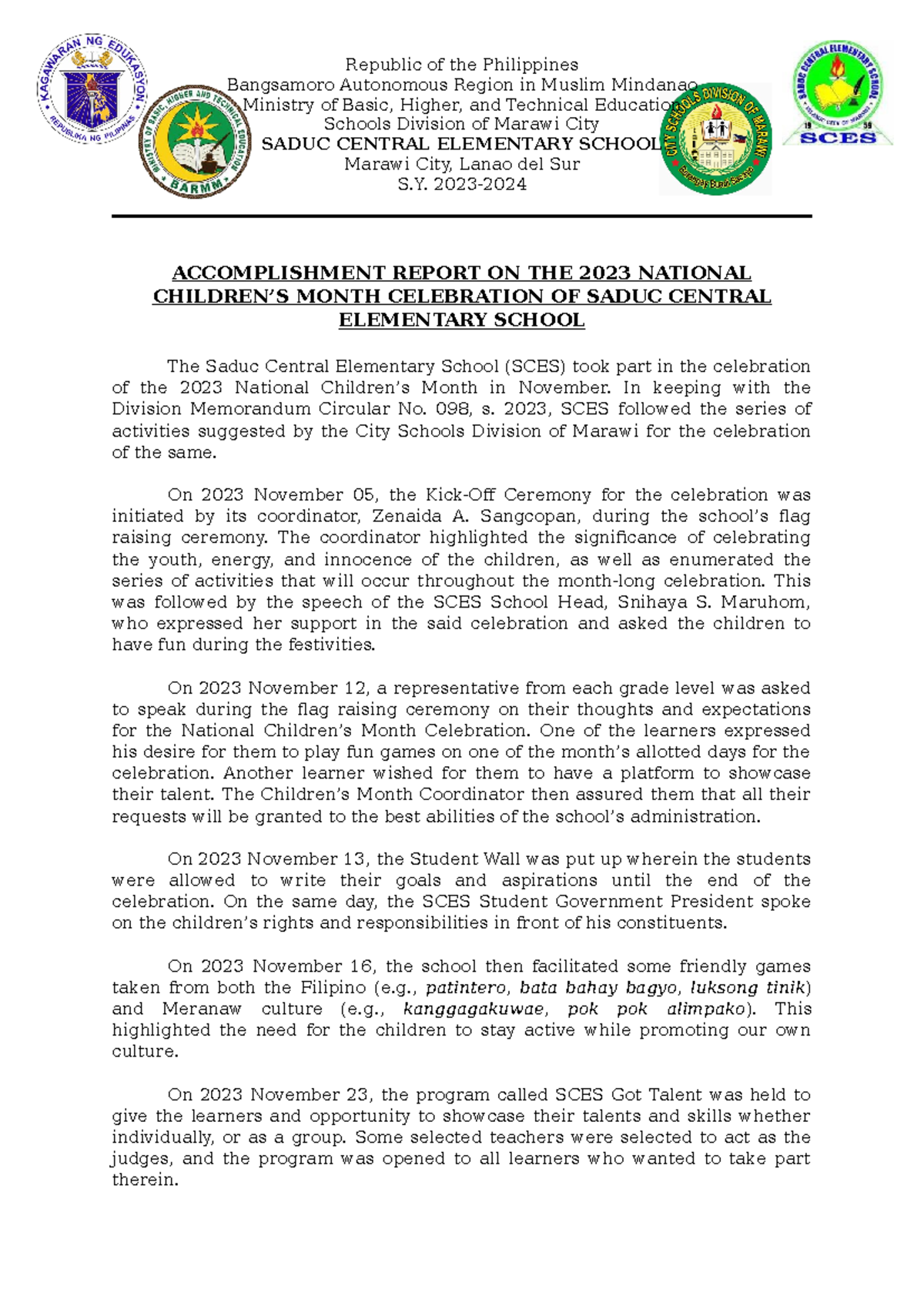 Accomplishment Report (National Children's Month) - Republic of the ...