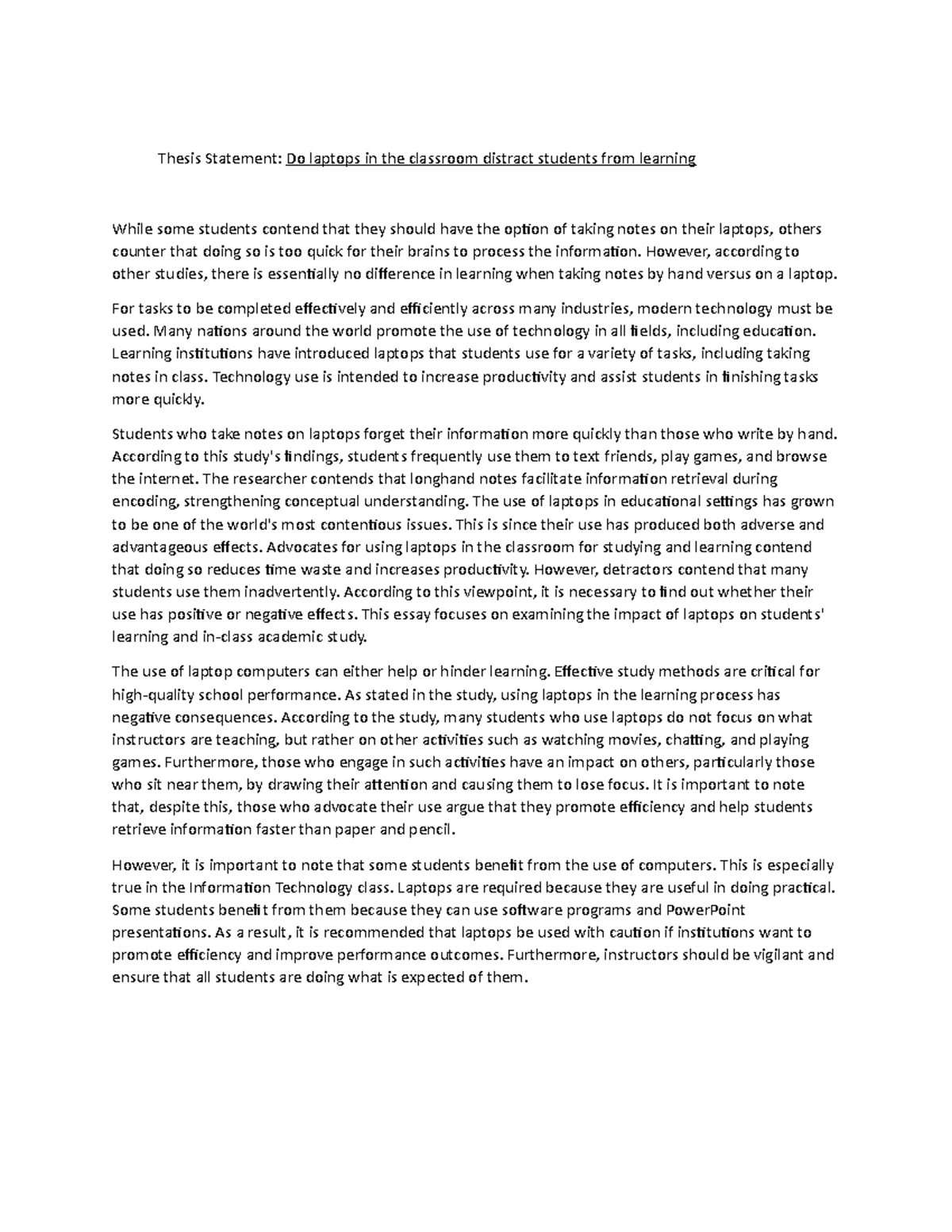 Writing Test Two Preliminary Essay - Thesis Statement: Do laptops in ...