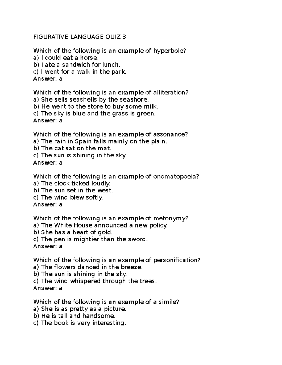 Figurative Language QUIZ 3 - FIGURATIVE LANGUAGE QUIZ 3 Which of the ...