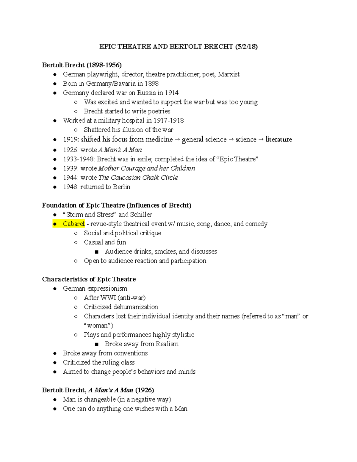 DRAMA 101 Lecture Notes 2 - EPIC THEATRE AND BERTOLT BRECHT (5/2/18 ...