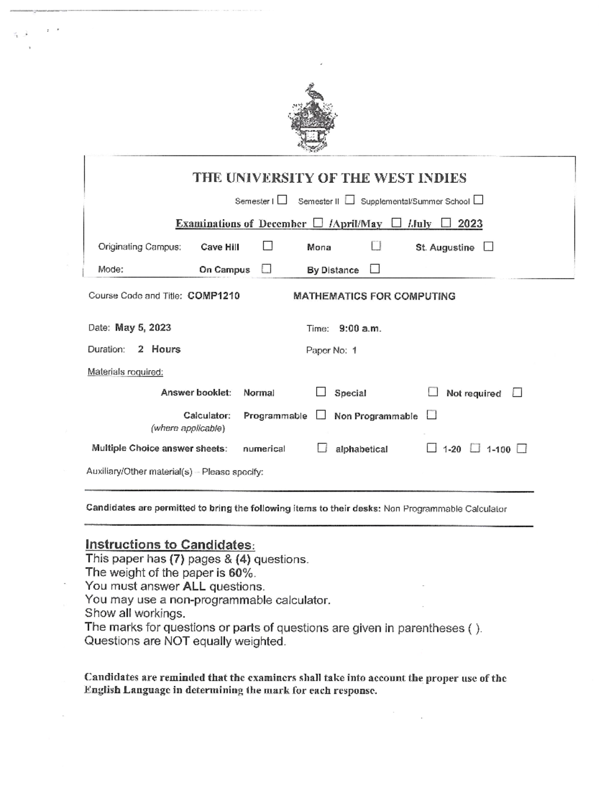 May-2023 - Past paper - Mathematics in Computing - Studocu