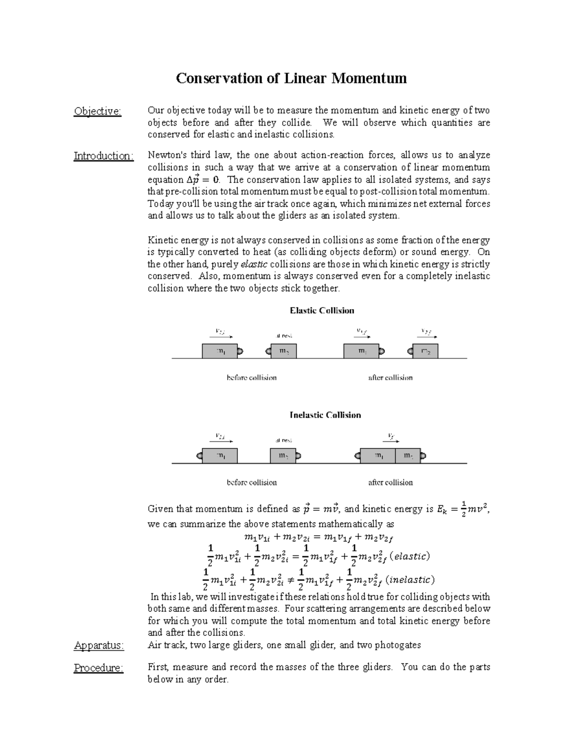 Lab 8 - Conservation of Linear Momentum - Conservation of Linear ...