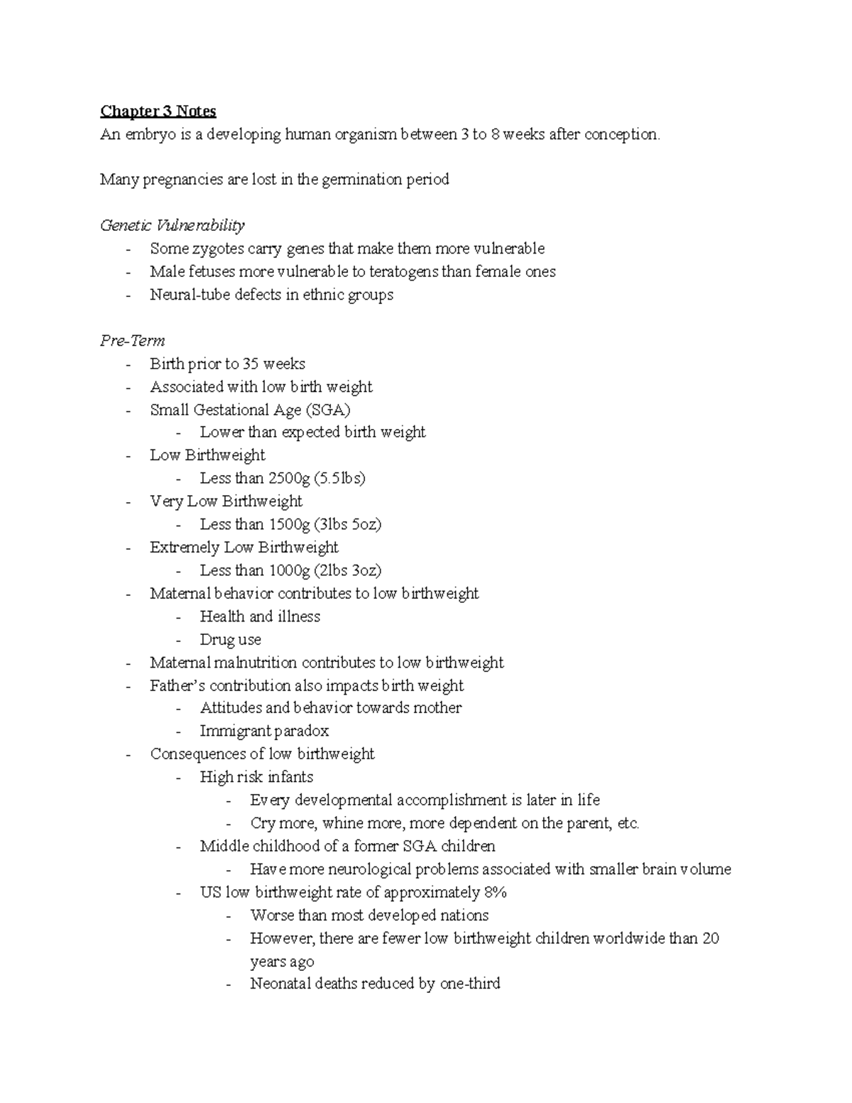 CHF Chapter 3 Notes - Chapter 3 Notes An embryo is a developing human ...