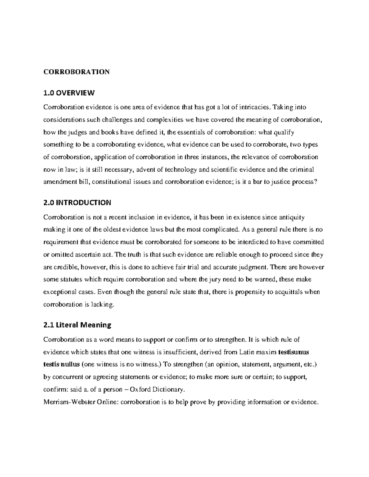 Law of Evidence in Kenya - CORROBORATION 1 OVERVIEW Corroboration ...