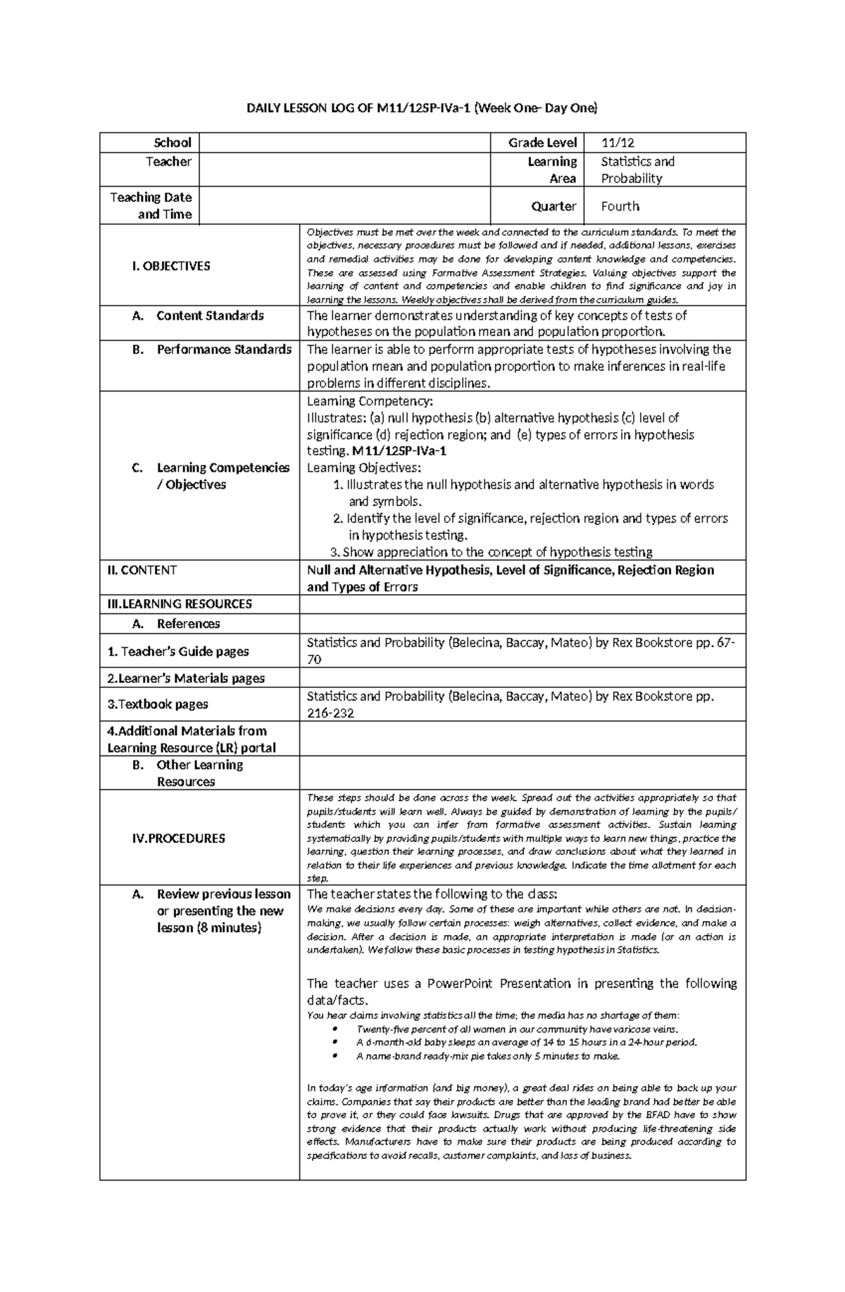 SP IV-1 - Statistics and probability lesson plan day 1 - DAILY LESSON ...