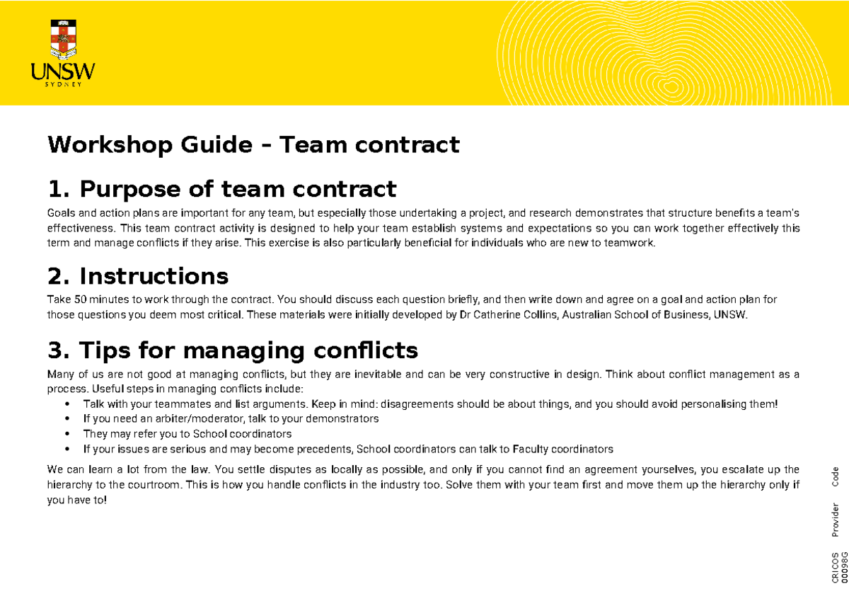 1. Team contract - Workshop Guide – Team contract 1. Purpose of team ...