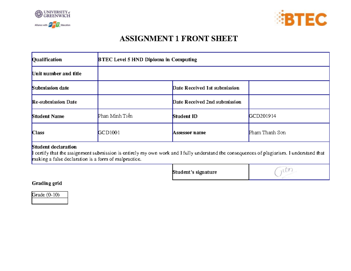ASM JAVA - hgfjffchgch - ASSIGNMENT 1 FRONT SHEET Qualification BTEC Level 5 HND Diploma in ...