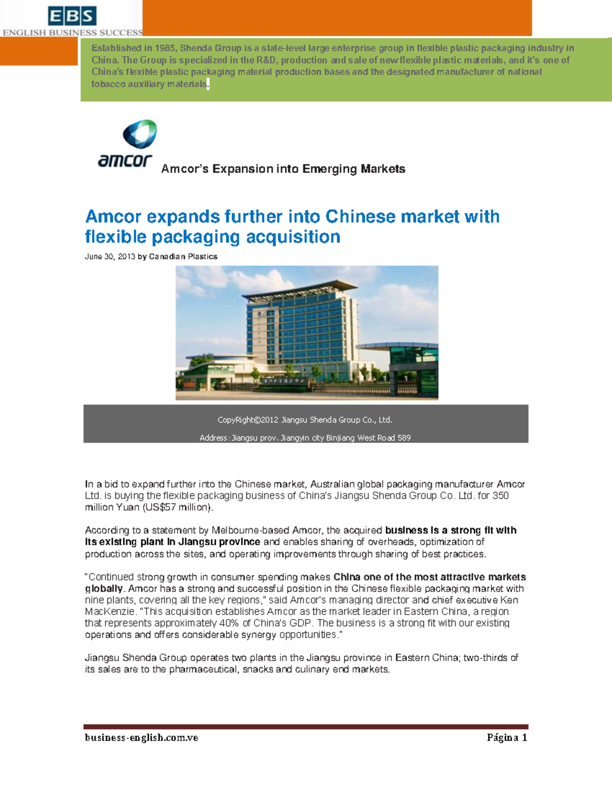 Amcor Strategies - l l - Amcor’s Expansion into Emerging Markets Amcor ...