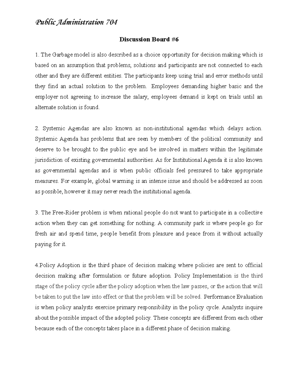 704 DB #6 - Lecture notes 6 - Public Administration 704 Discussion ...