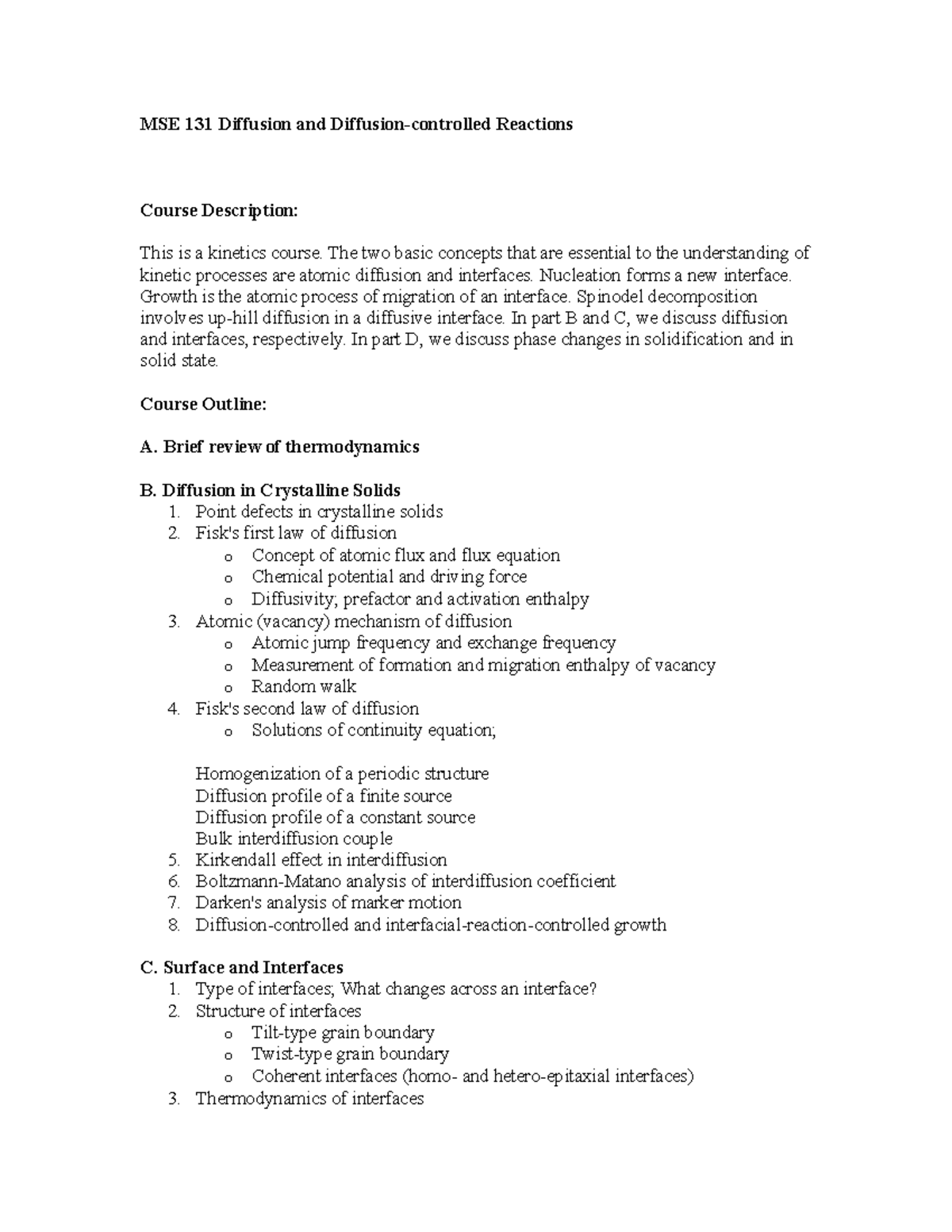 MSE 131 - Syllabus - MSE 131 Diffusion and Diffusion-controlled ...