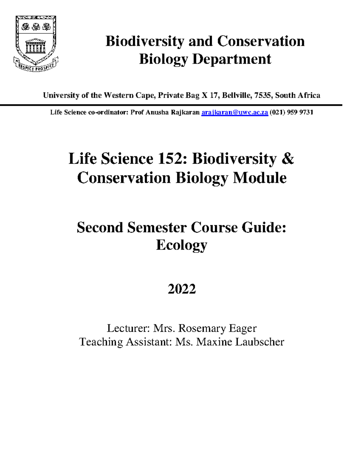 LFS152 2nd Semester Course Guide 2022 - Biodiversity and Conservation ...