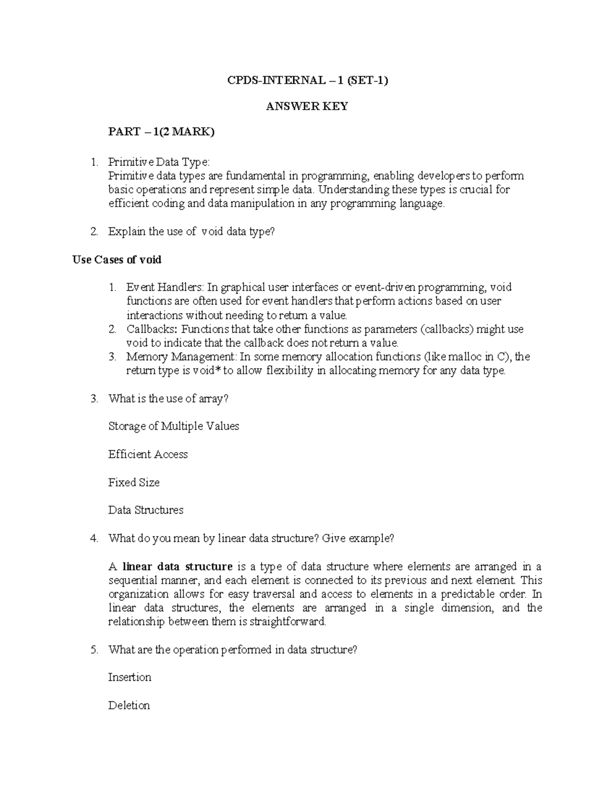 CPDS Answer KEY 1 - C PROGRAM - CPDS-INTERNAL – 1 (SET-1) ANSWER KEY ...